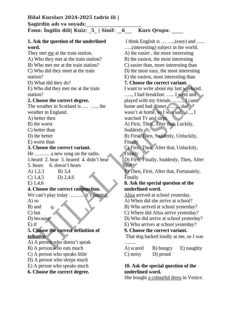 6ci sinif kuiz 5 | PDF | English Language | French Language