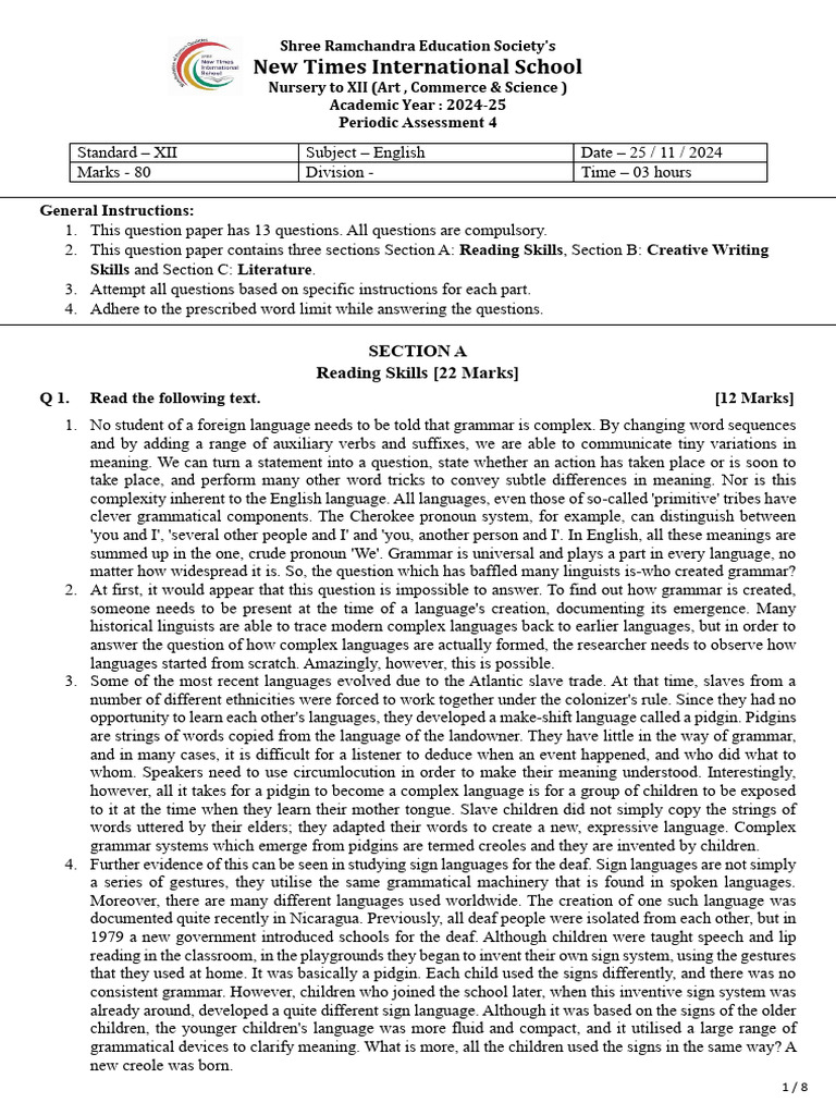 XII English Question Paper Periodic Assesment 4 NTIS | PDF | English ...