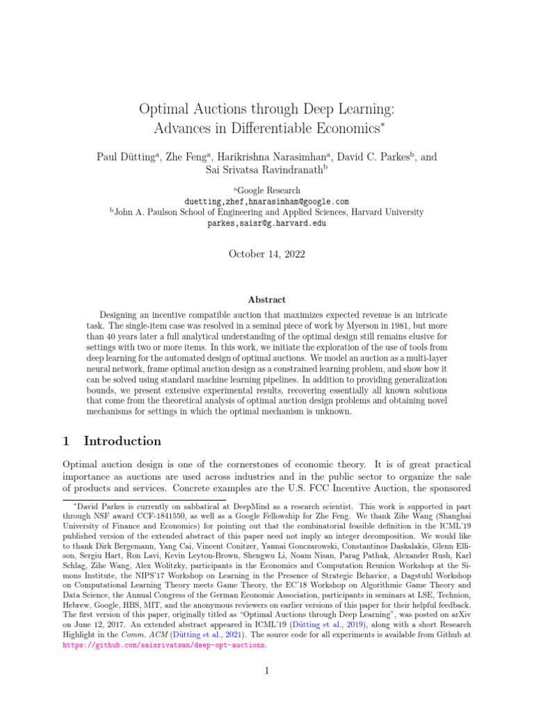Differential Economics and Deep Learning | PDF | Auction | Artificial Neural Network