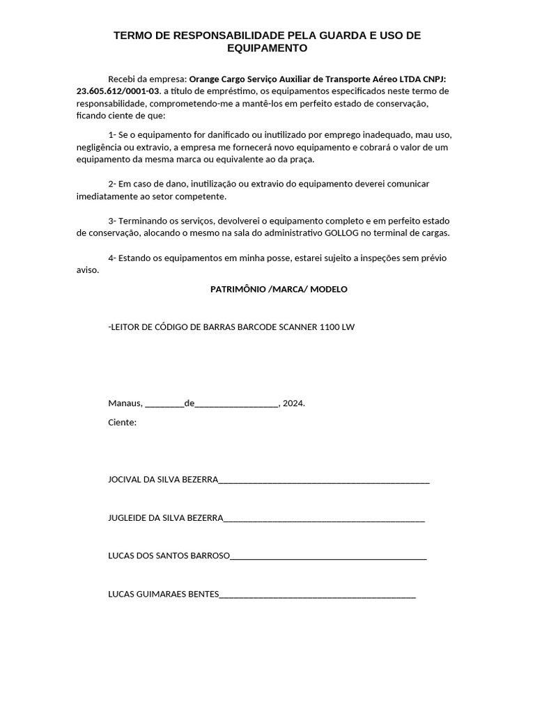 Termo de Responsabilidade Pela Guarda e Uso de Equipamento | PDF
