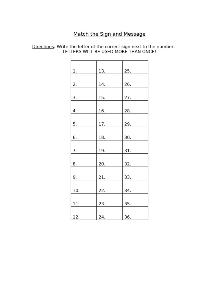 Match The Sign and Message Answer Sheet | PDF