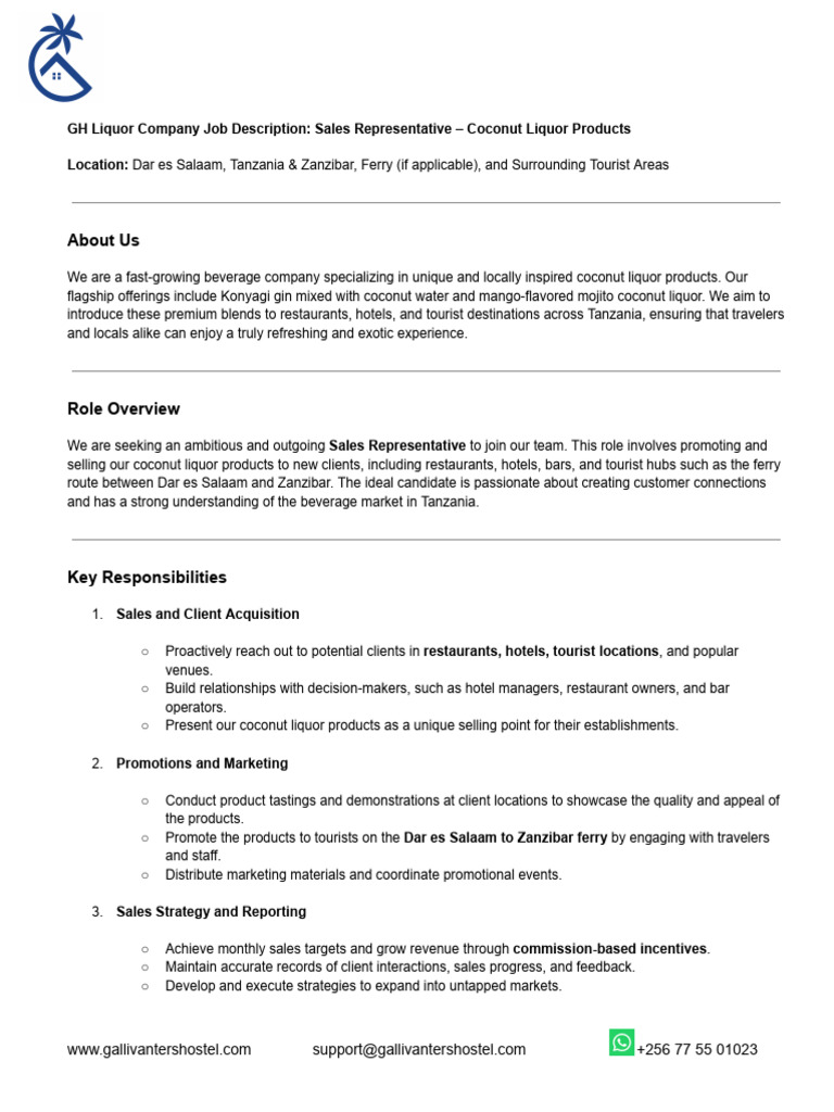 Job Description_ Sales Representative – Coconut Liquor Products | PDF ...
