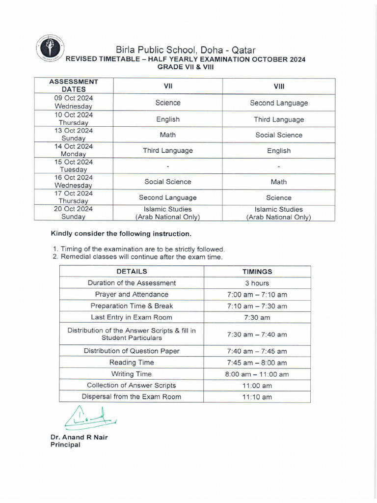 Revised Timetable For Half Yearly - Gr. VII VIII - Oct 2024 | PDF