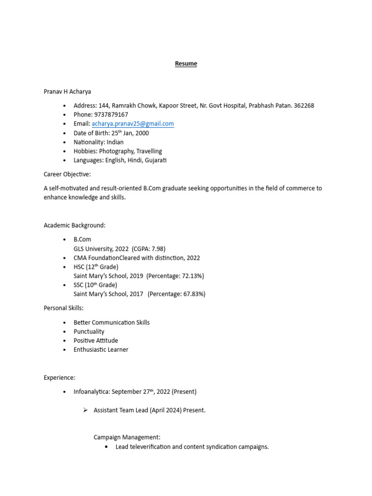 Pranav - Acharya - Resume 3 | PDF | Business | Human Communication