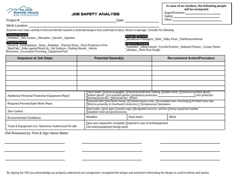 IE Job Safety Analysis Form Fillable | PDF | Hazards | Personal ...