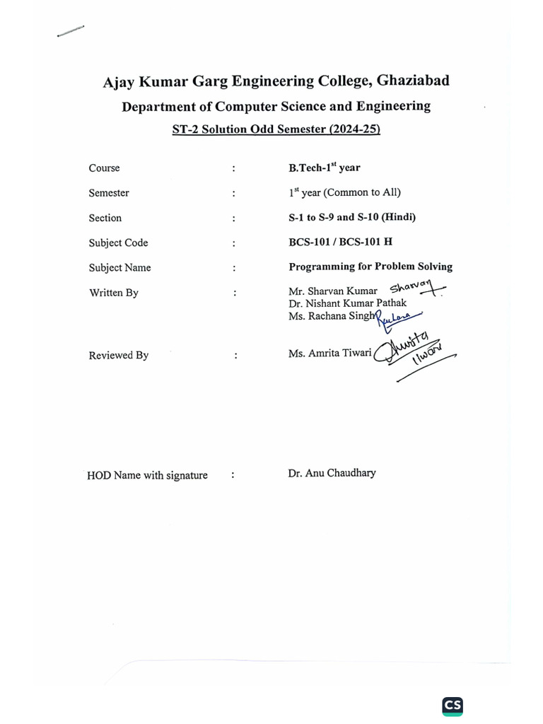 PPS ST-2 2024-25 (Odd Sem) Solution | PDF