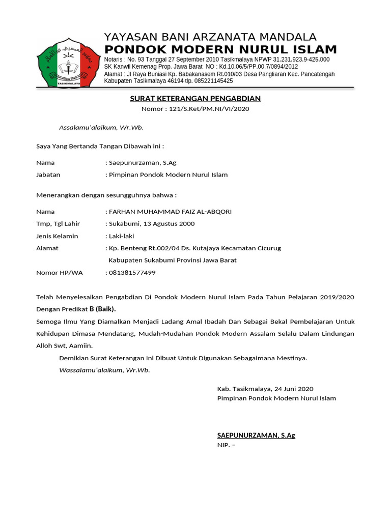 Surat Keterangan Pengabdian Pondok Modern | PDF