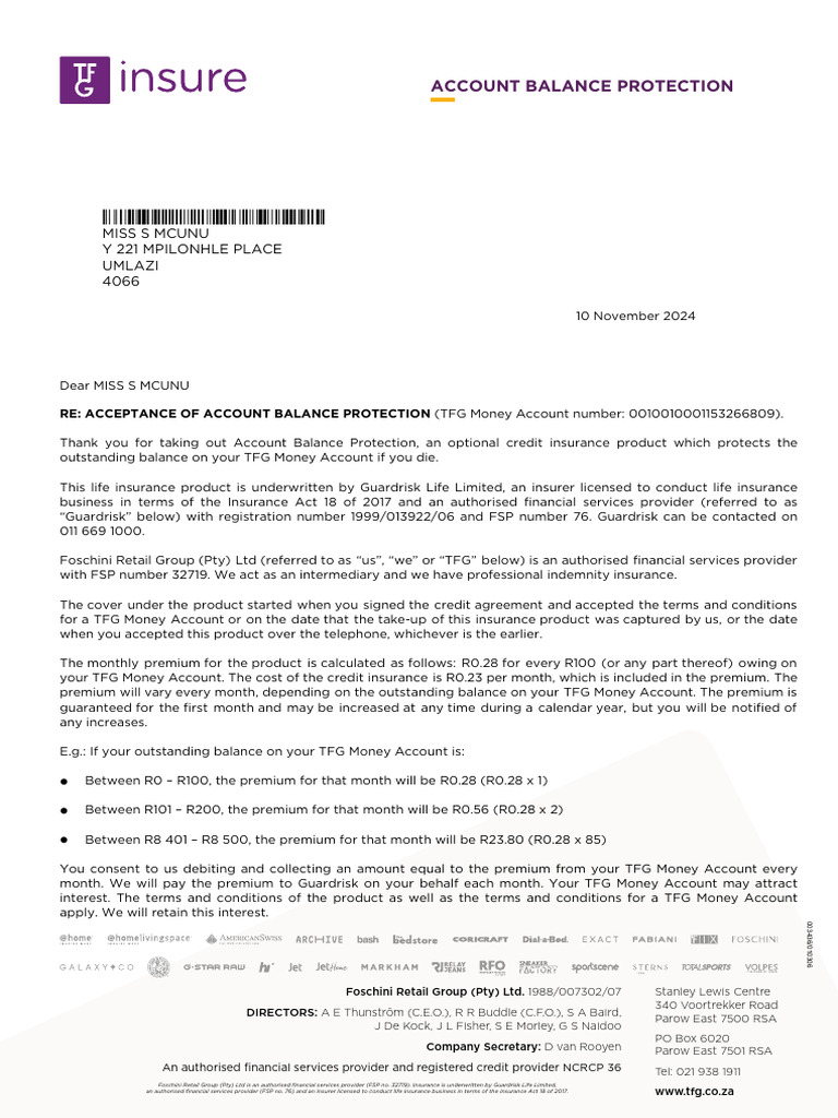 TFG Account Balance Protection Details | PDF | Insurance | Credit