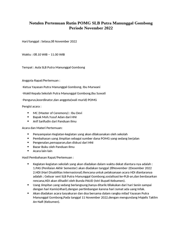 notulen pertemuan pomg Nov.2022 | PDF