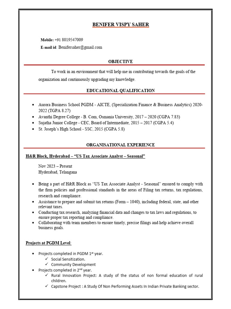 Benifer_Resume | PDF | Taxes | Regulatory Compliance