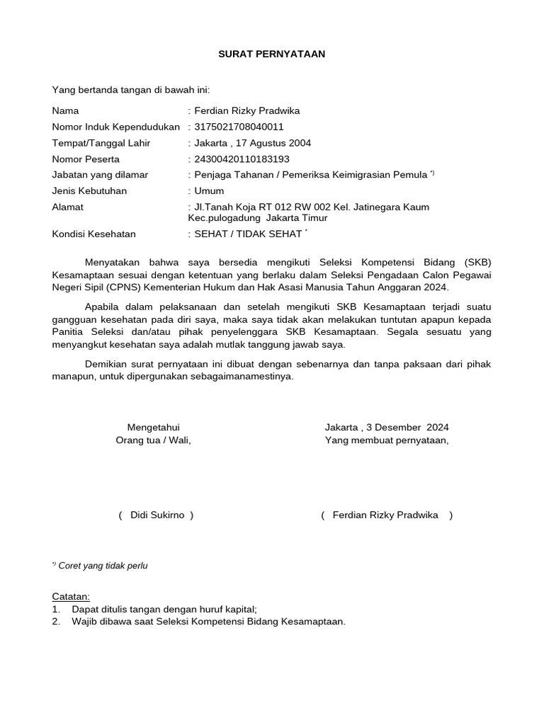 Surat Pernyataan Sehat SKB Kesamaptaan CPNS 2024 | PDF
