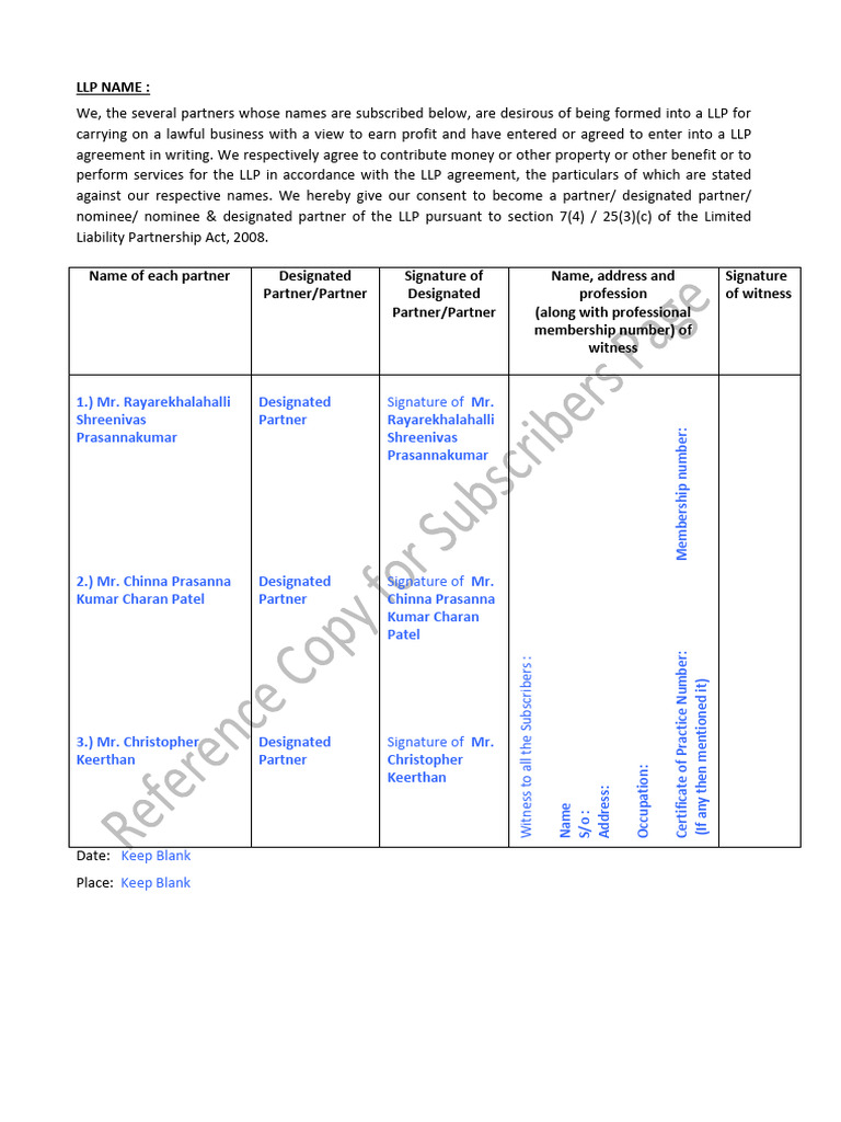 LLP First Subscriber Sheet Format | PDF | Limited Liability Partnership ...