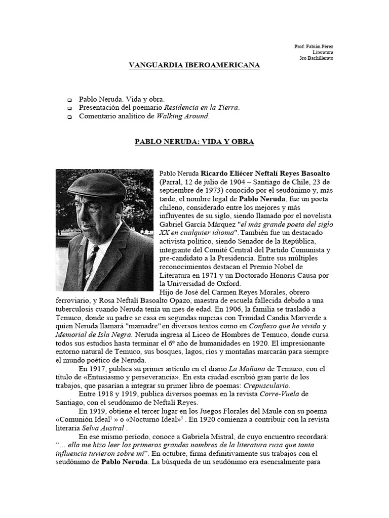 Pablo Neruda. Vida y Obra. Residencia en La Tierra. Walking | PDF