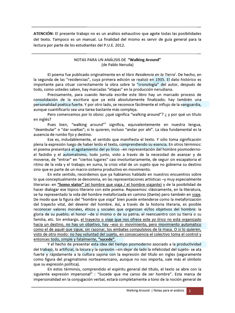 Walking Around - Pablo Neruda - Analisis Completo | PDF | Poesía | Verbo