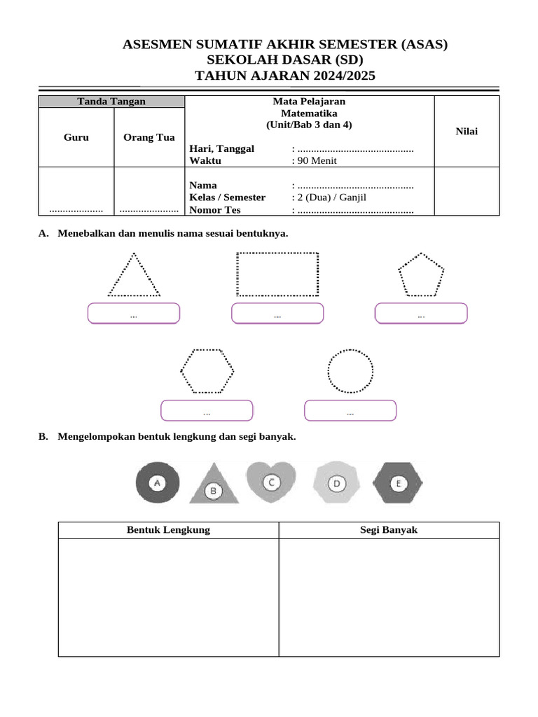 SOAL ASAS MATEMATIKA KELAS 2 GANJIL 2024 | PDF