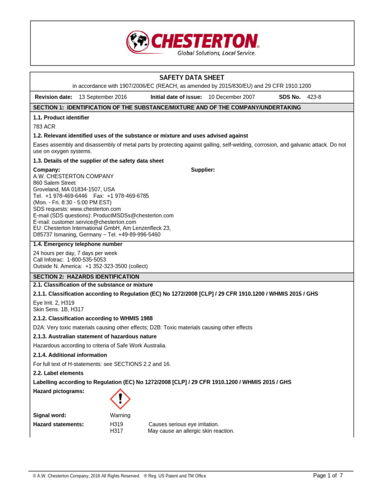 Chesterton 783 ACR MSDS | PDF | Dangerous Goods | Occupational Safety ...