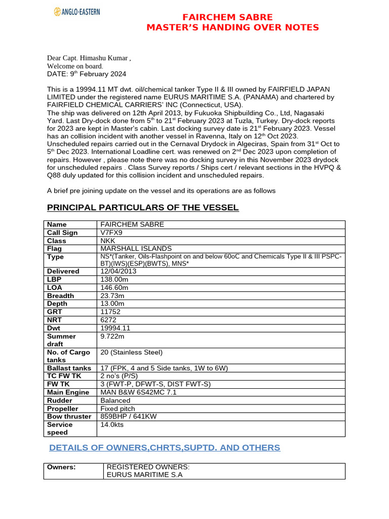 Master Handing Over Notes 09feb2024 | PDF | Bill Of Lading