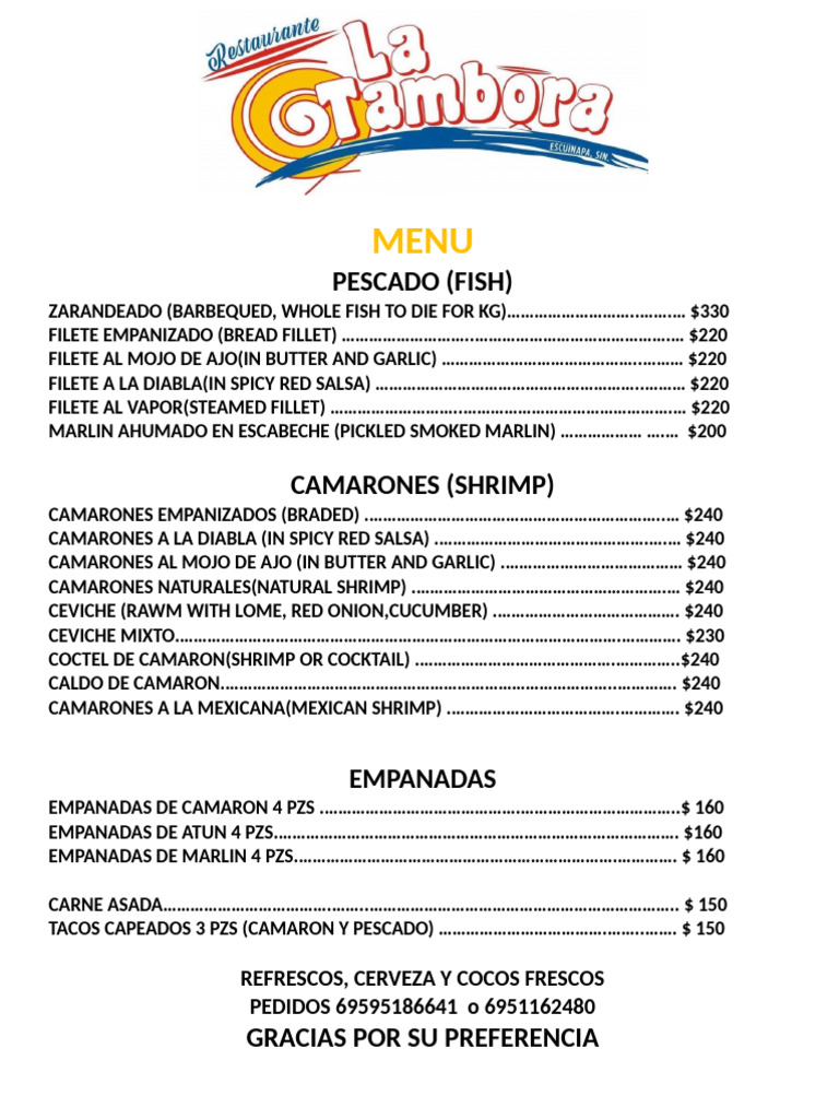 Menú de Mariscos La Tambora | PDF