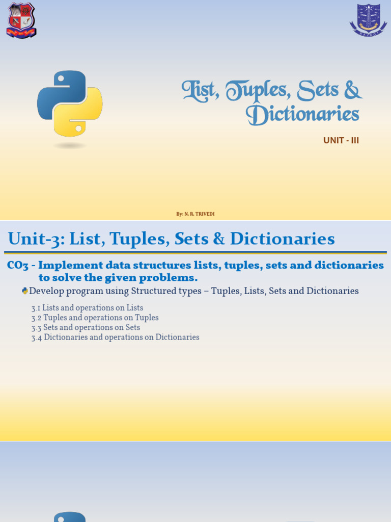 Python - 4330701 - Unit-3 - List Tuples Sets Dictionaries | PDF | Function (Mathematics ...