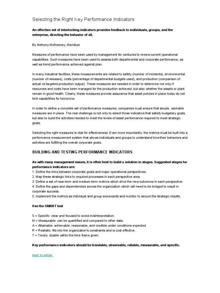 Selecting The Right Key Performance Indicators | PDF | Performance ...