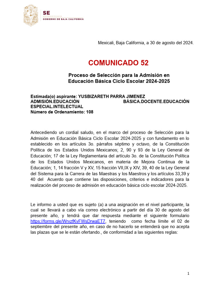 Comunicado 52 Asignacion Por Correo Ciclo 2024 2025 | PDF | Educación de la primera infancia ...