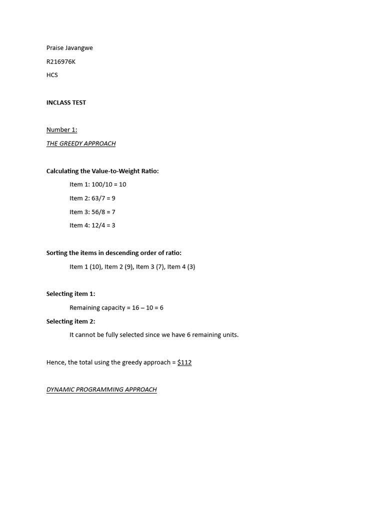 Inclass Test - R216976K - Praise Javangwe | PDF
