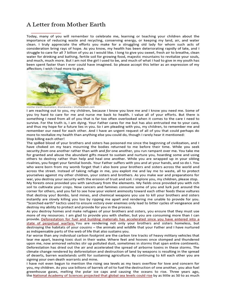 A Letter From Mother Earth | PDF | Deforestation | Climate Change