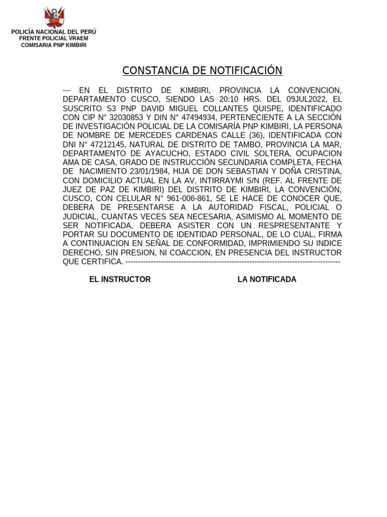 Constancia de Notificacio Mercedes Cardenas | PDF