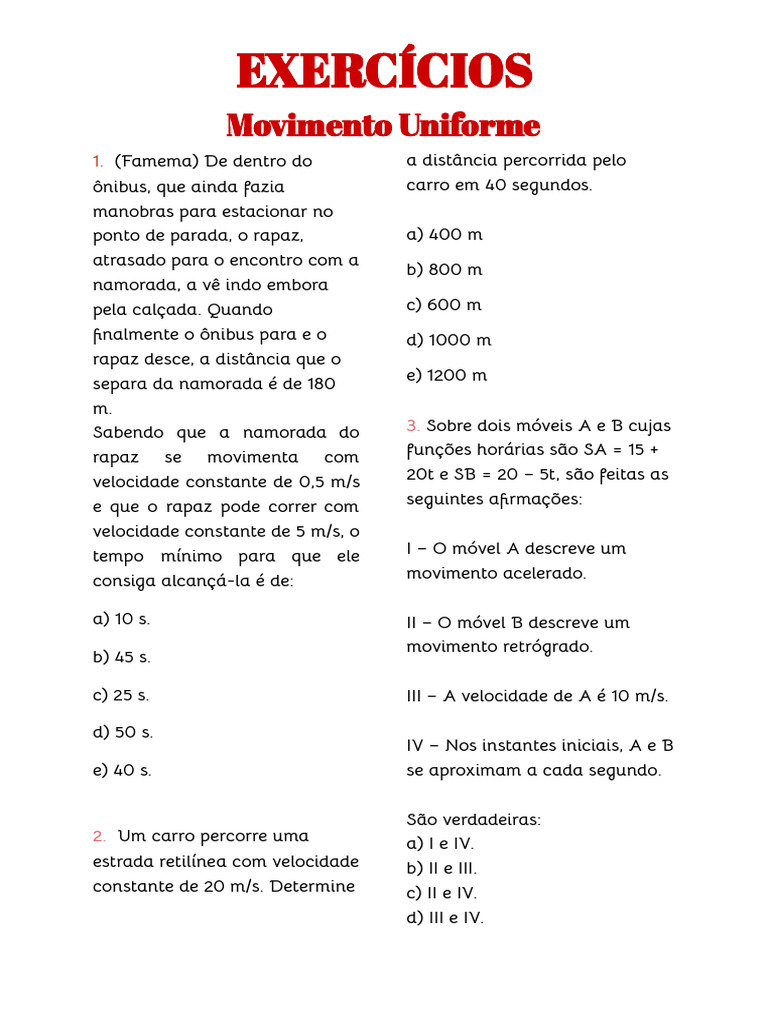 Exercícios - MU e MUV (Física) | PDF | Velocidade | Aceleração