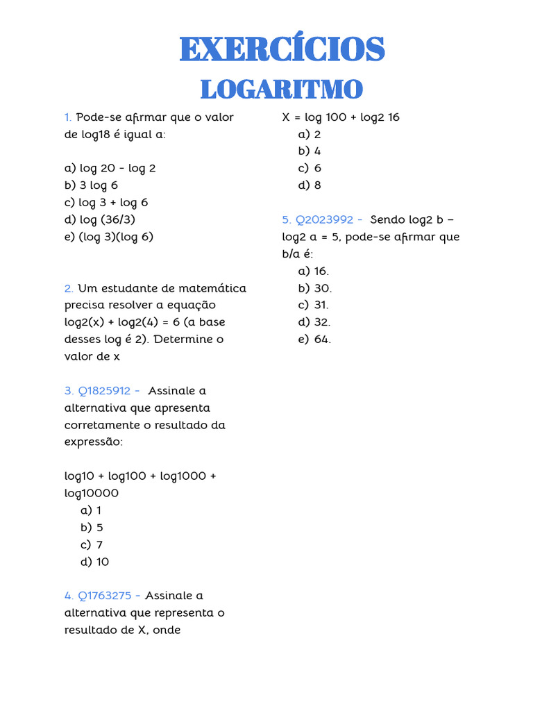 Exercícios - Logaritmo | PDF