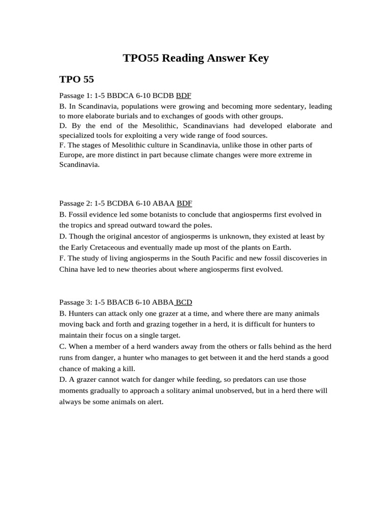 TPO 55 Reading Answer Key | PDF