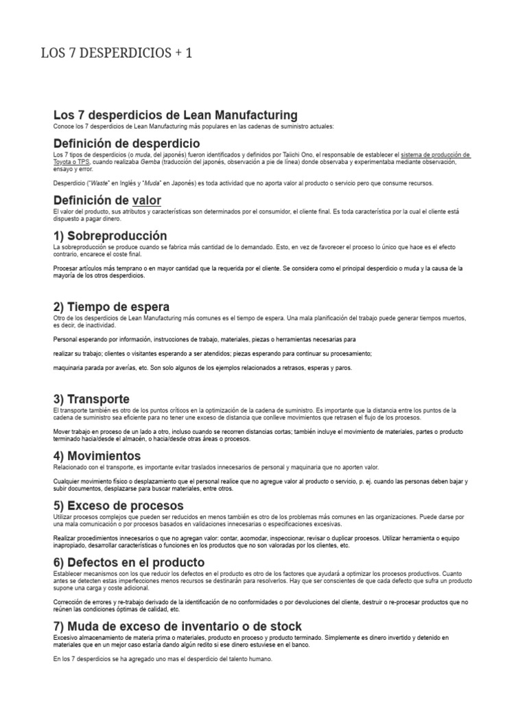 Los 7 Desperdicios + 1 | PDF | Lean Manufacturing | Cadena de suministro
