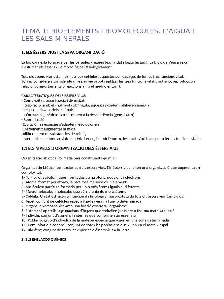 Tema 1- Bioelements i Biomolècules | PDF