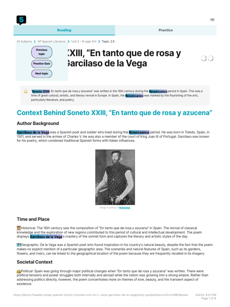 AP Spanish Literature 2024 – 2.5 Soneto XXIII, “En tanto que de rosa y ...