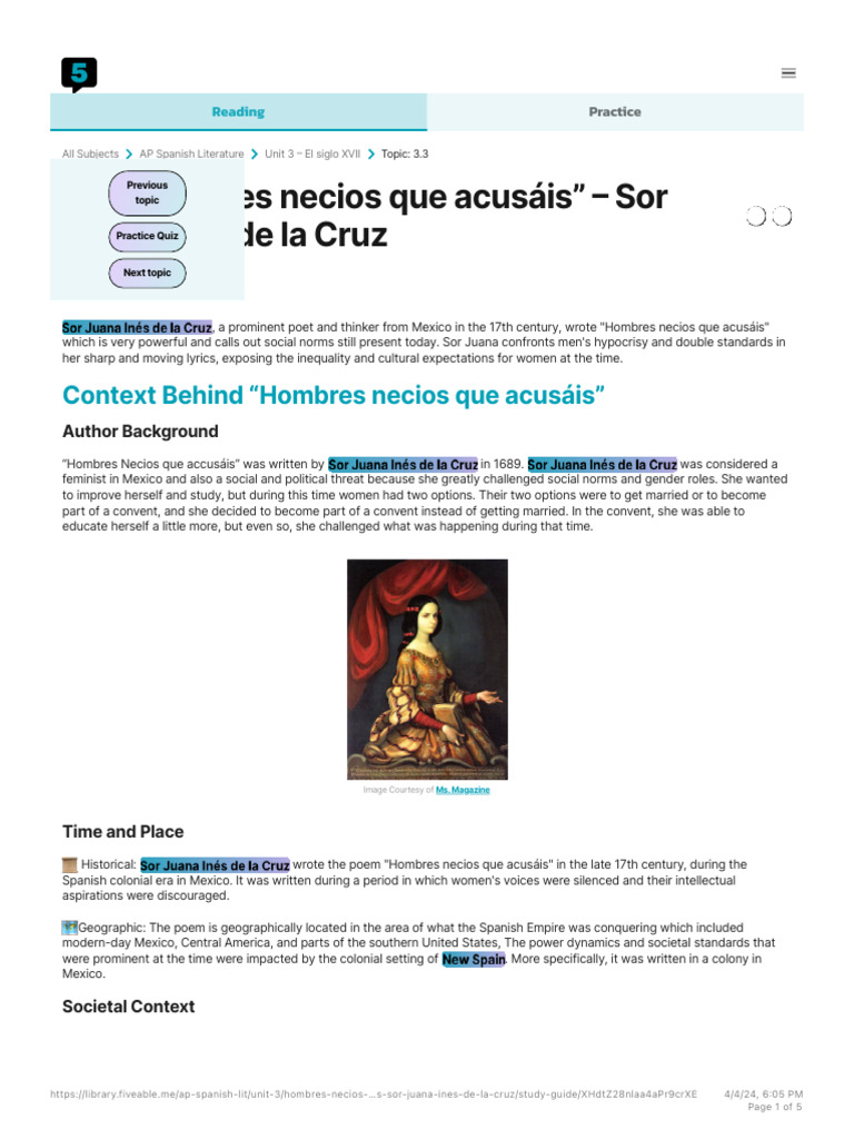 AP Spanish Literature 2024 - 3.3 - Hombres Necios Que Acusáis - Sor ...