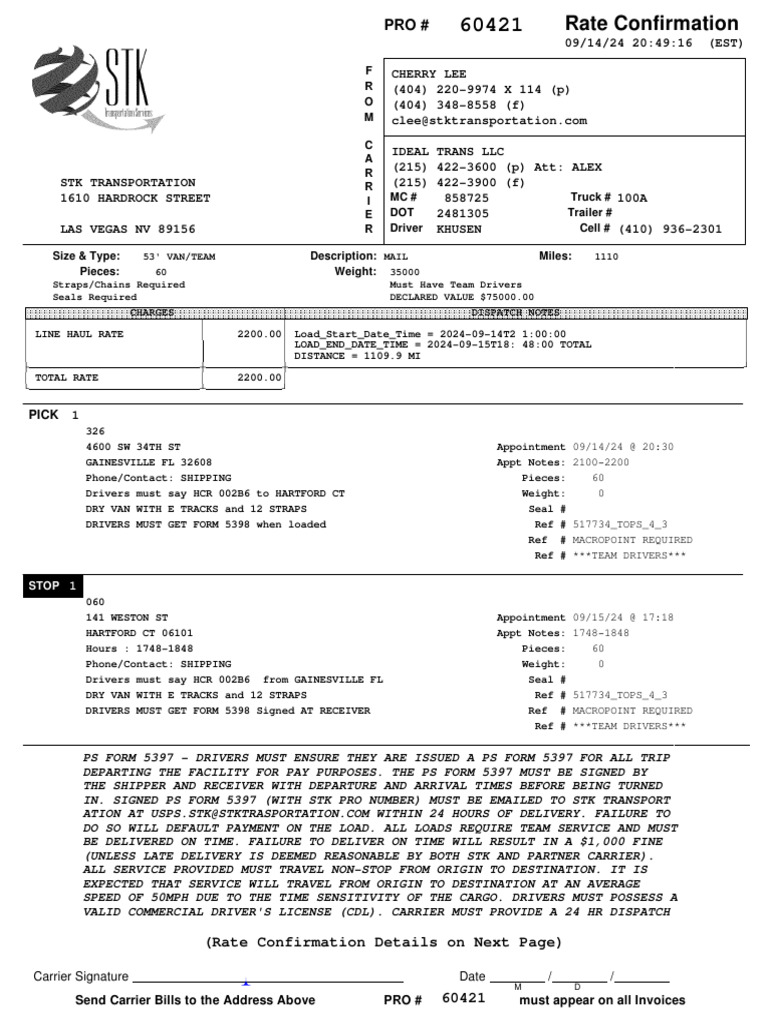 F R O M C A R R I E R MC# DOT Driver Truck # Trailer # Cell # | PDF ...