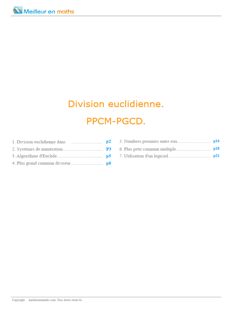 Division Euclidienne PPCM PGCD Cours | PDF | Division | Algèbre générale