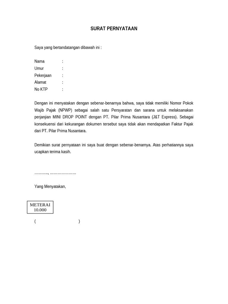 Surat Pernyataan Tanpa NPWP | PDF