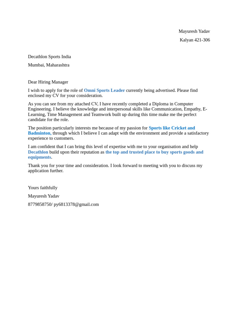 Decathlon Cover - Letter Mayuresh | PDF