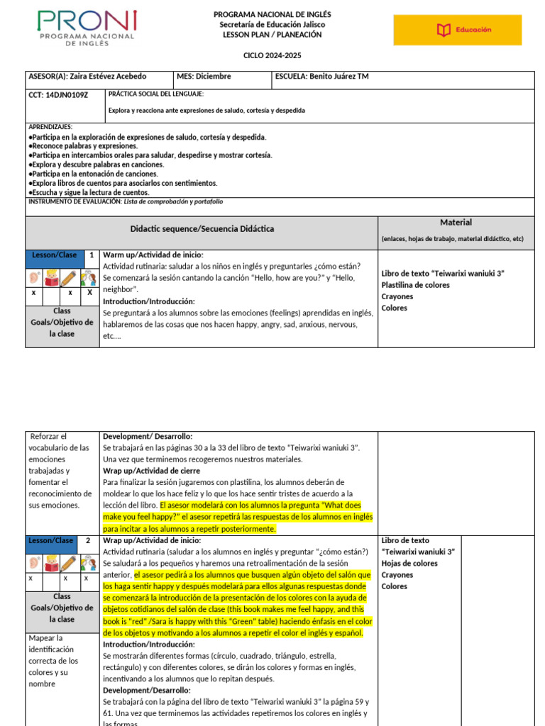 PLANEACIÓN Preescolar Inglés | PDF