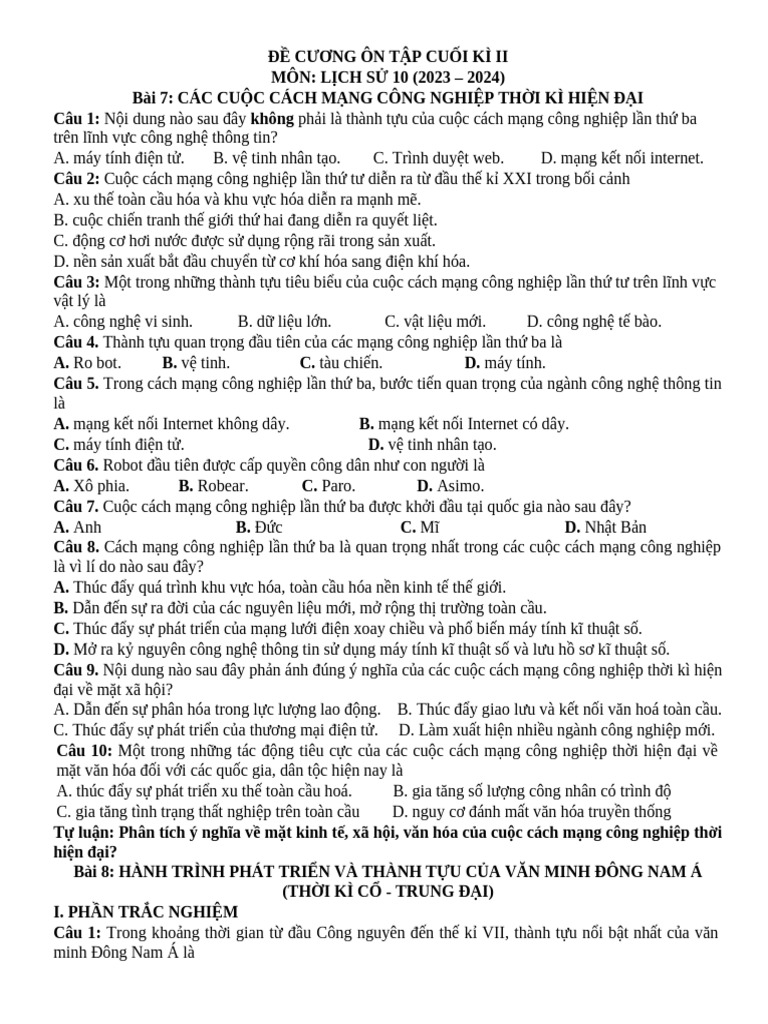 DE CUONG ON TAP CUOI KI II Ls 10 | PDF