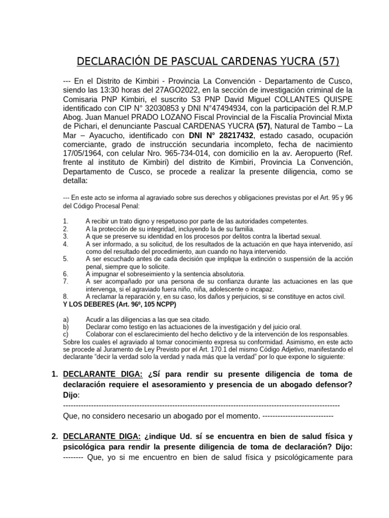 ACTA DE DECLARACION CARDENAS YUCRA PASCUAL (Recuperado automáticamente) | PDF | Ley Pública