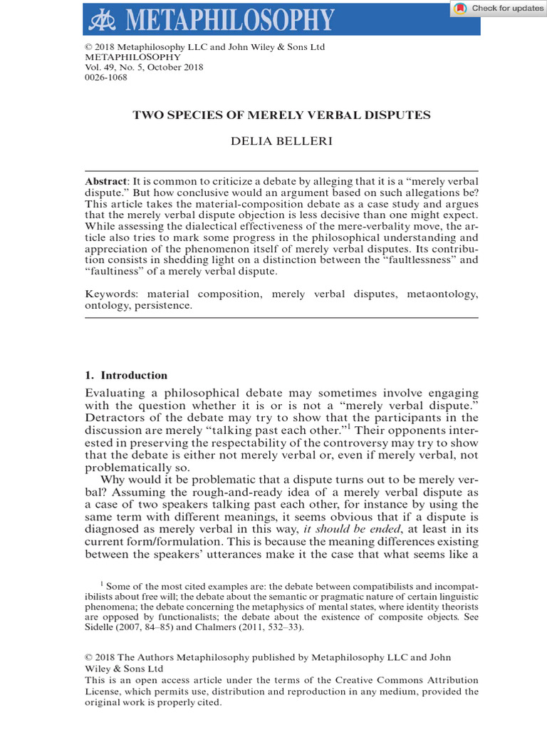 Two Species of Merely Verbal Disputes | PDF | Semantics | Ontology