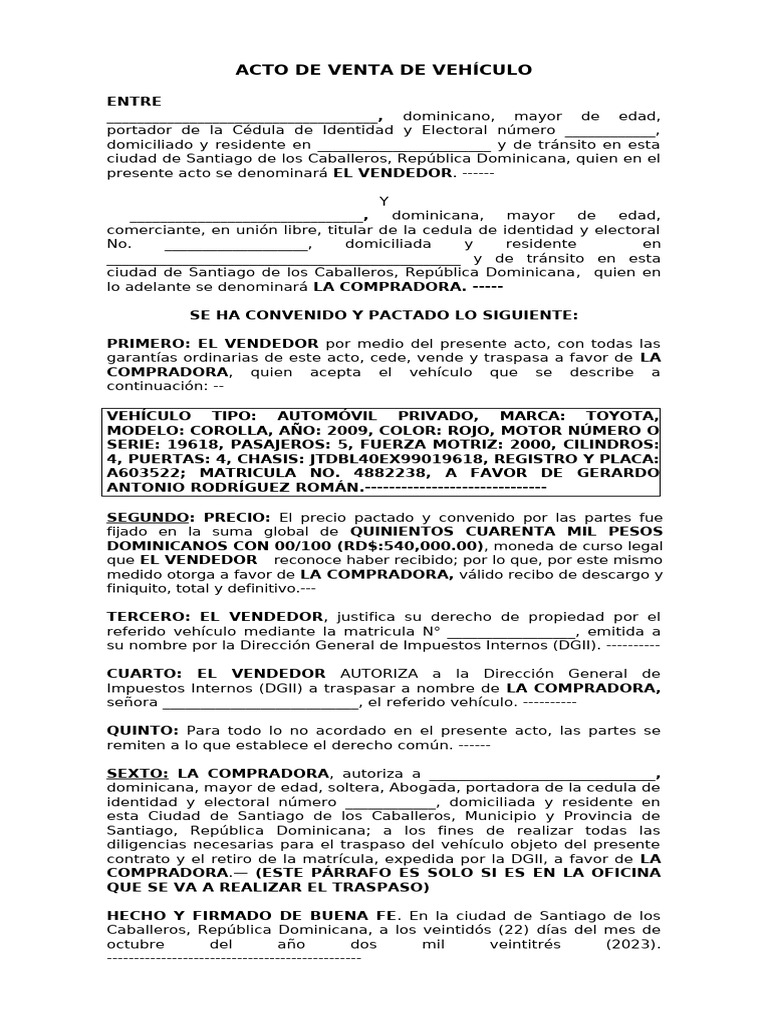Acto de Venta de Vehículo RD | PDF | Placa de matrícula del vehículo ...