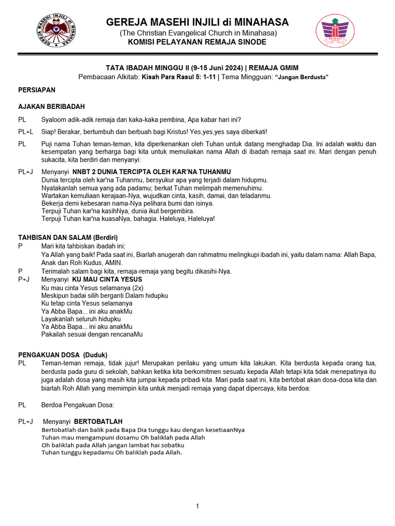 TATA IBADAH MINGGU II (9-15 Juni 2024) REMAJA GMIM | PDF