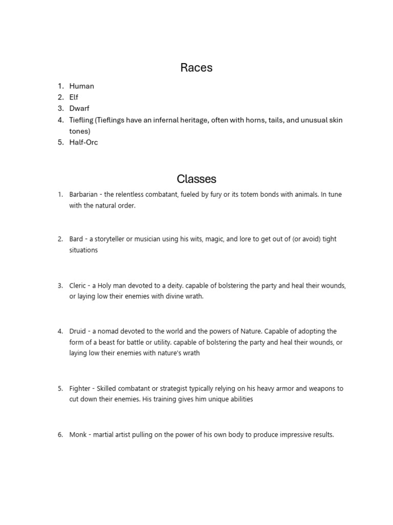 DND Class & Races | PDF