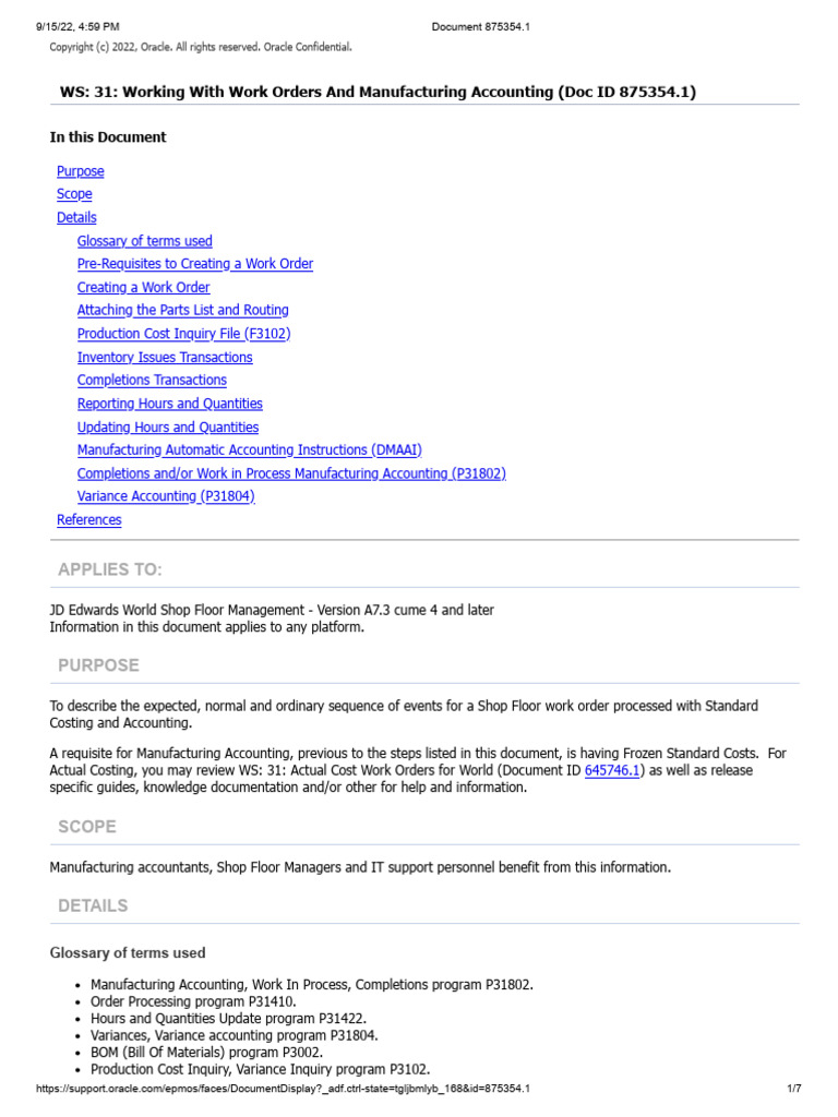 Working With Work Orders and Manufacturing Accounting (Doc ID 875354.1 ...