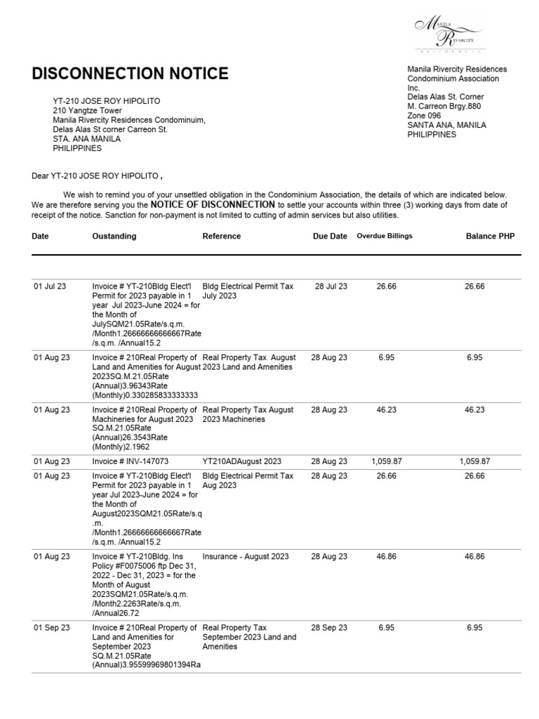 Disconnection Notice for Jose Roy Hipolito | PDF | Financial Services ...