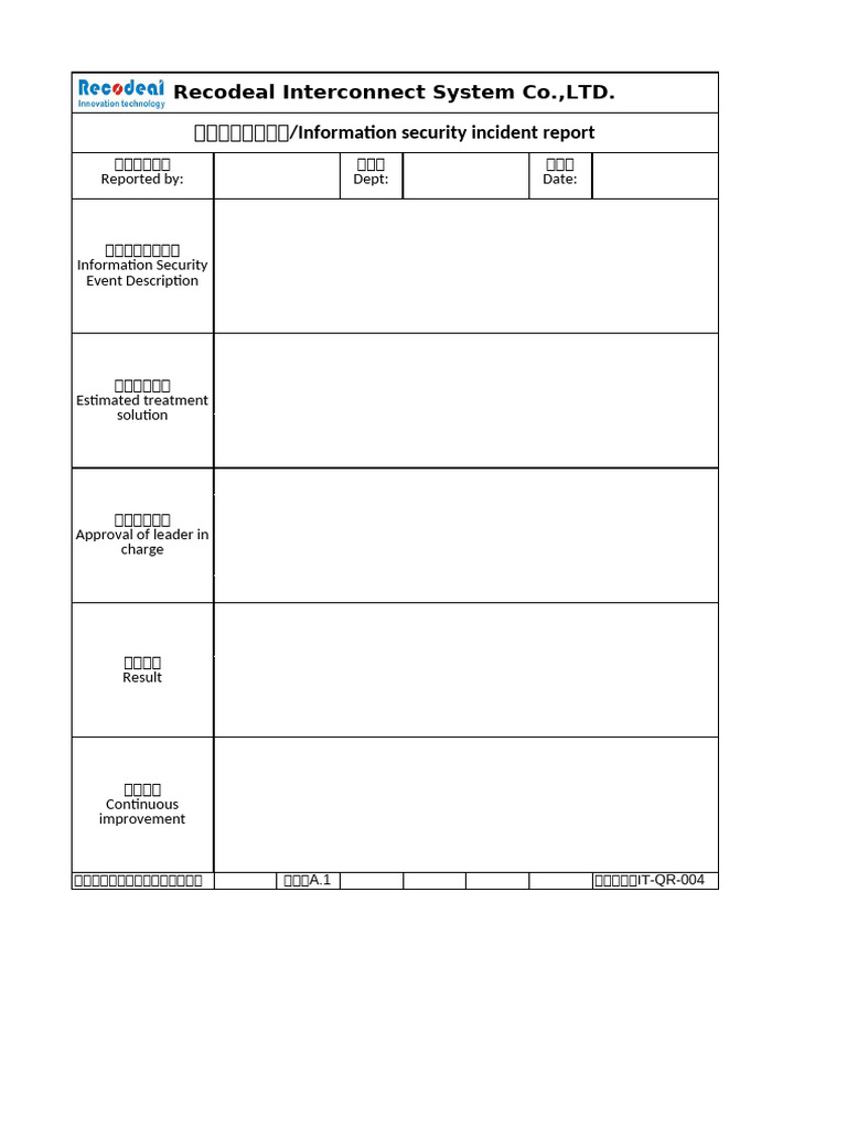 IT-QR-004 Information security incident report 信息安全事件报告 | PDF