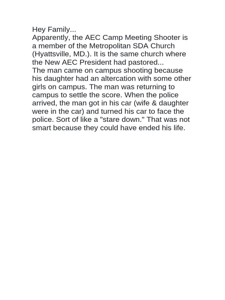 AEC Camp Meeting Shooting Incident | PDF
